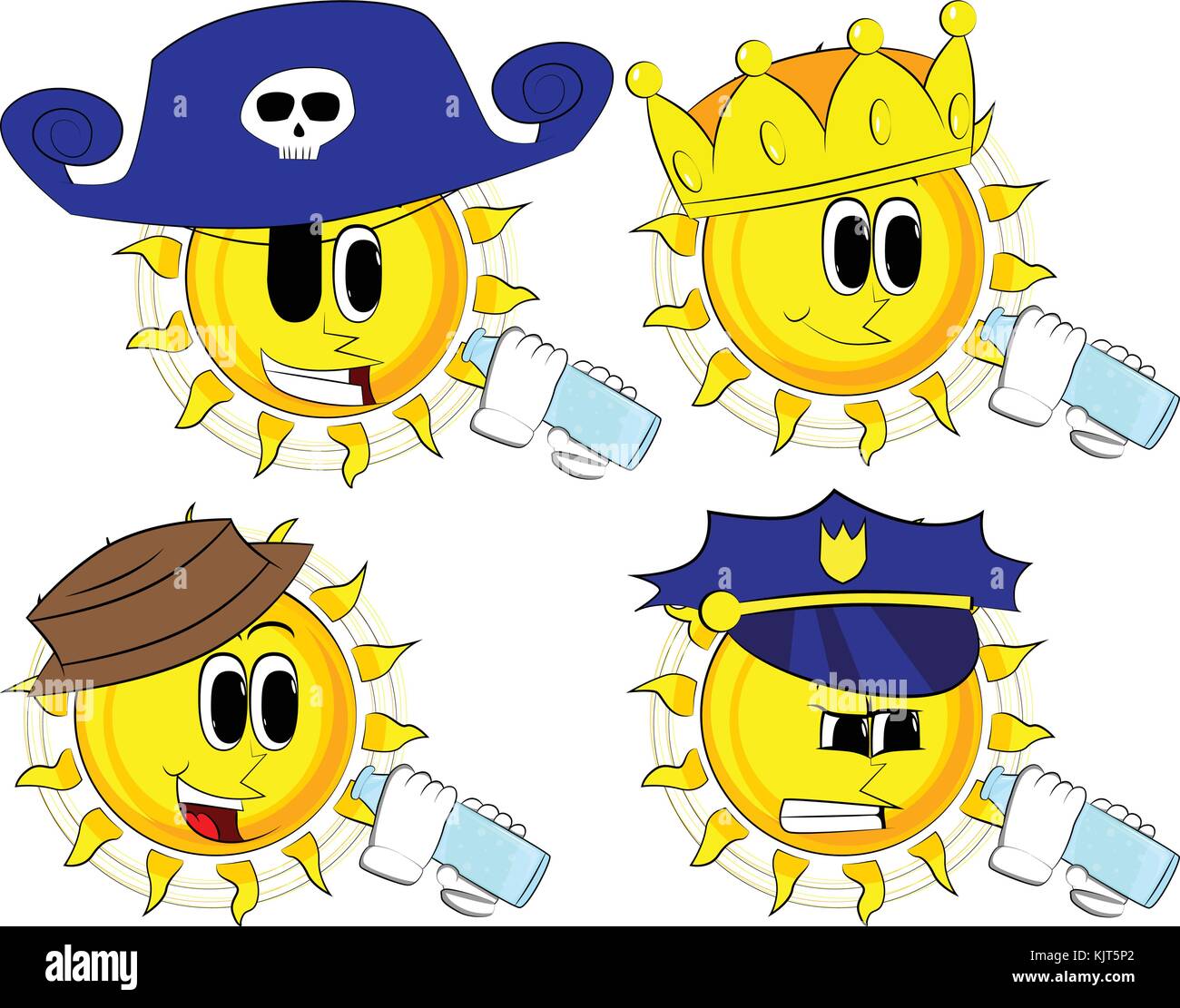 Cartoon sun drinkig water from a glass bottle. Collection with costume ...