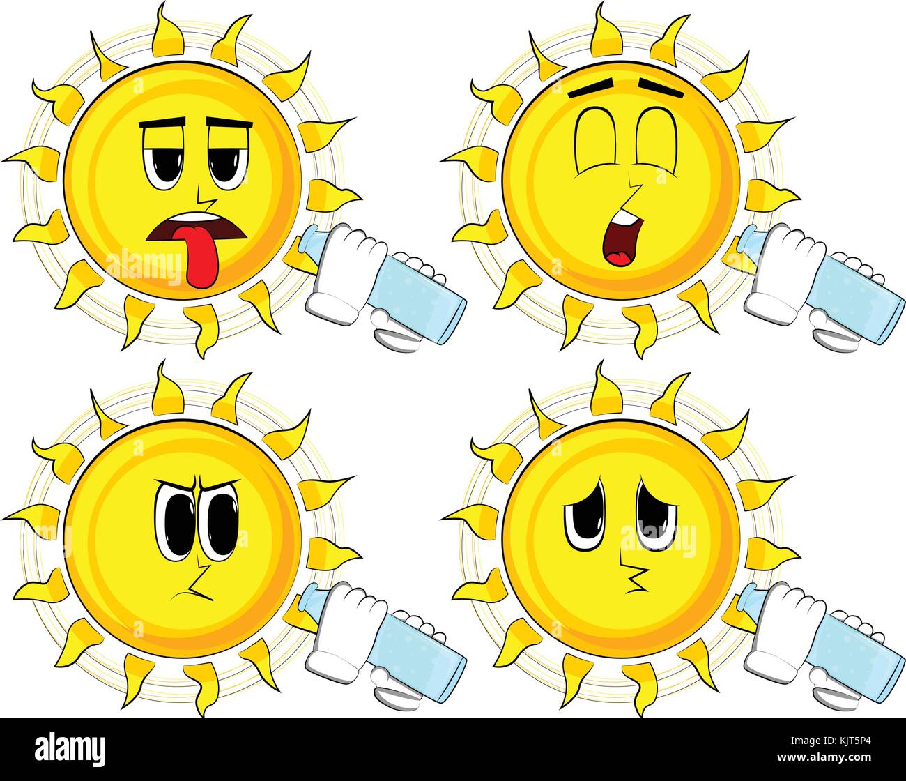 Cartoon sun drinkig water from a glass bottle. Collection with sad ...