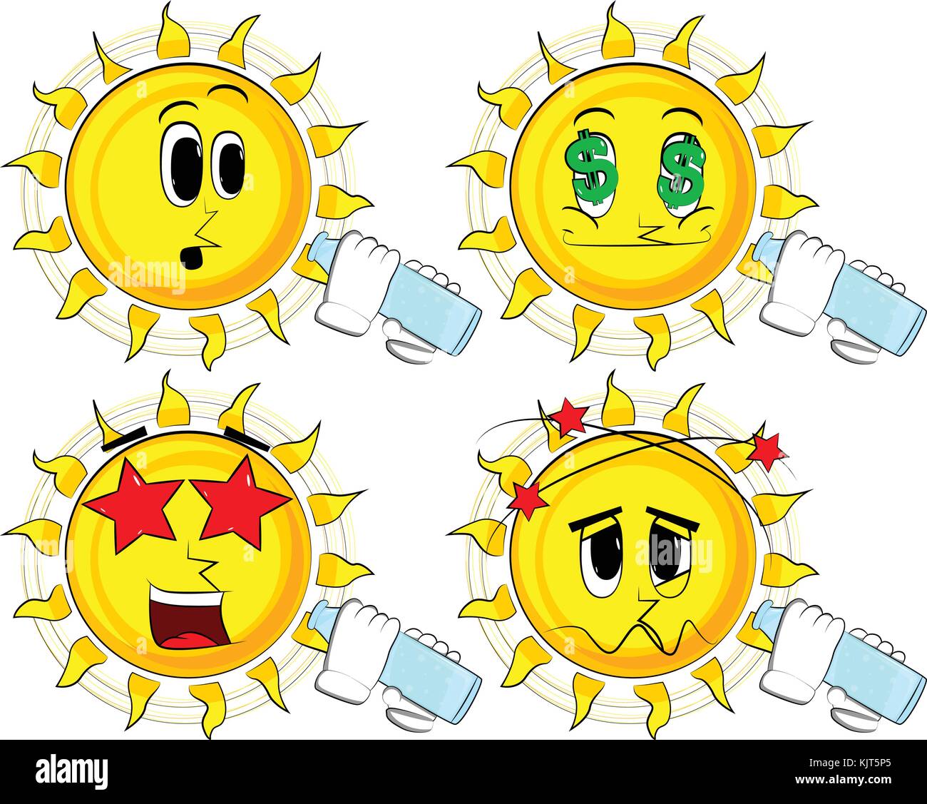 Cartoon sun drinkig water from a glass bottle. Collection with various ...