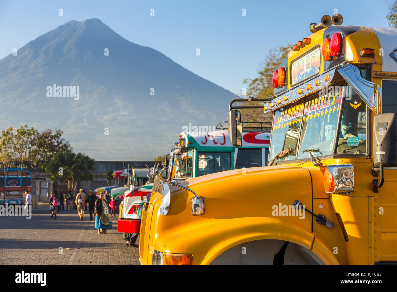 Chicken buses at bus terminal | Antigua | Guatemala Stock Photo - Alamy