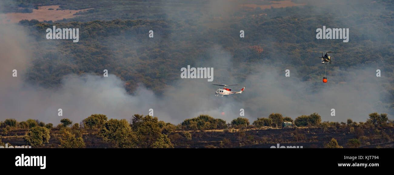 Hot summer Fire panorama with 2 helicopters working Stock Photo - Alamy