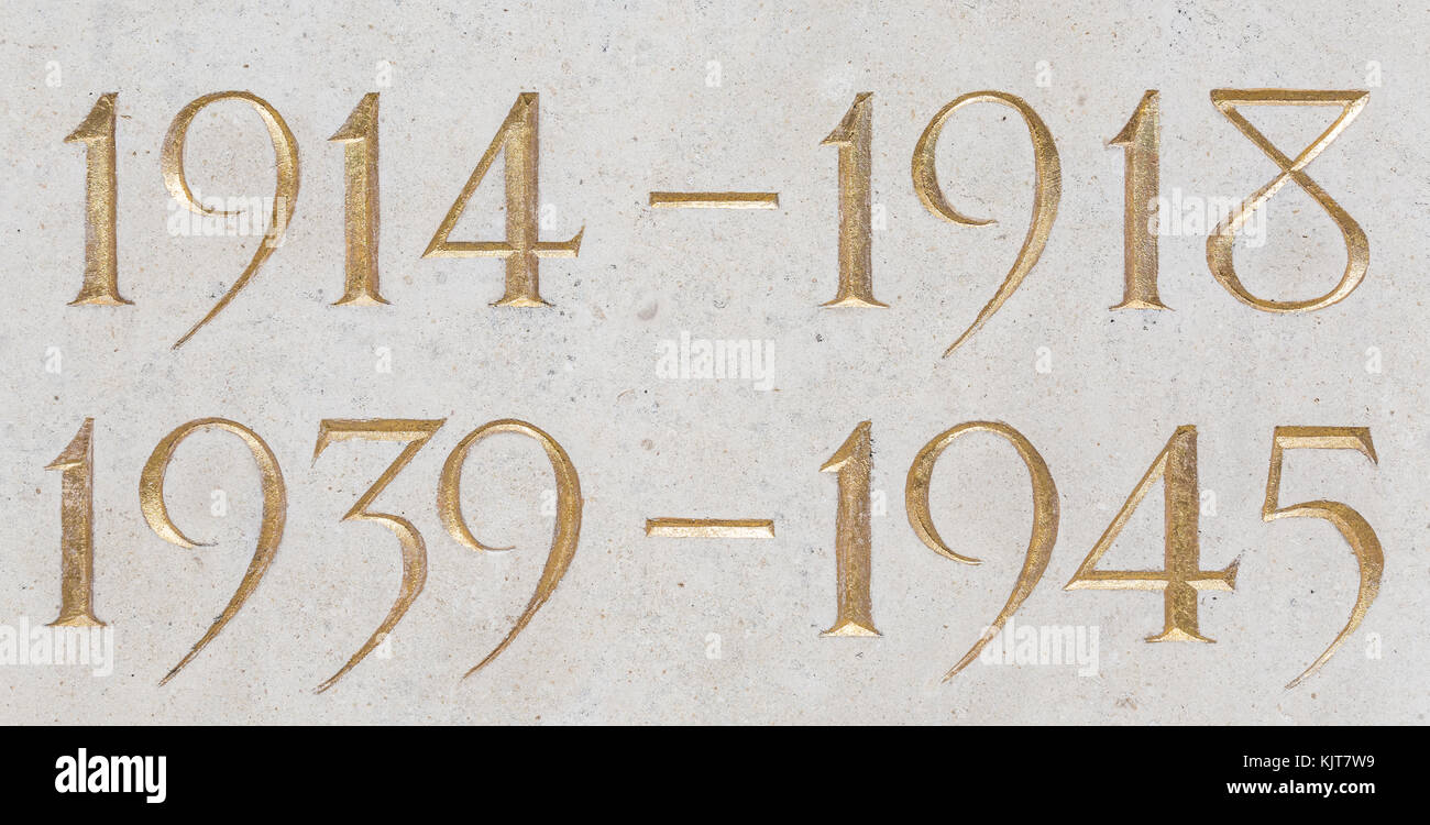Golden inscription of the years of the two world wars: 1914-1918, 1939 ...
