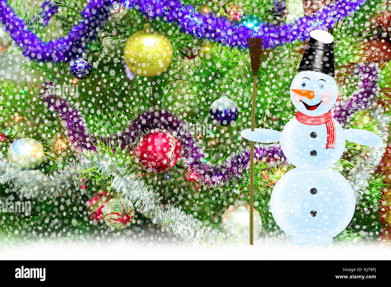 snowman at a harmonious and dressed up New Year's fur-tree Stock Photo ...