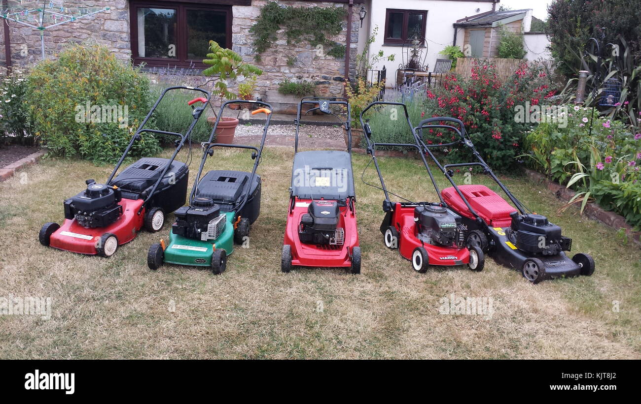 Lawn mowers in a row in a garden Stock Photo - Alamy