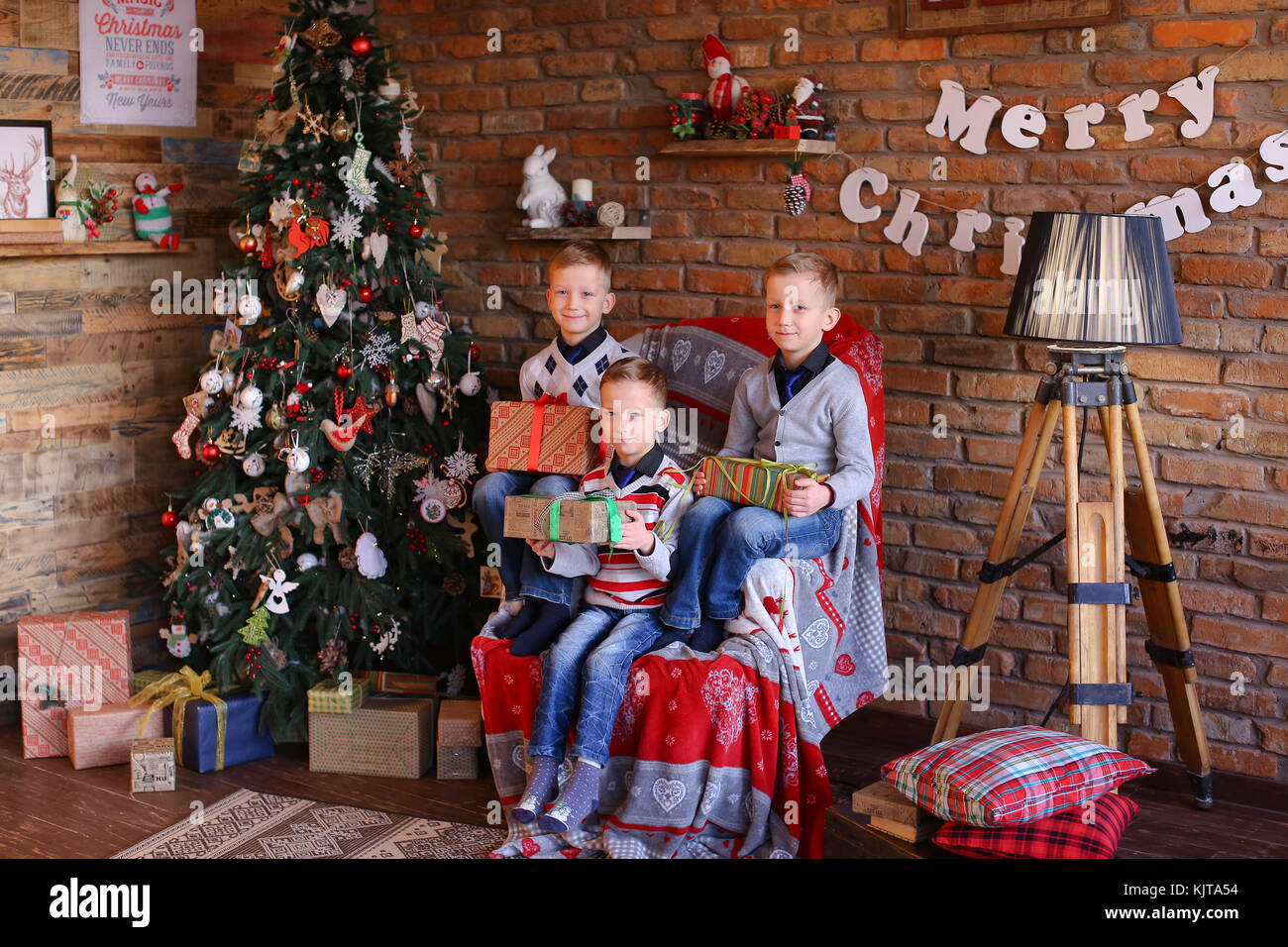 Happy children, boys looking forward to New Years gifts, sitting Stock ...