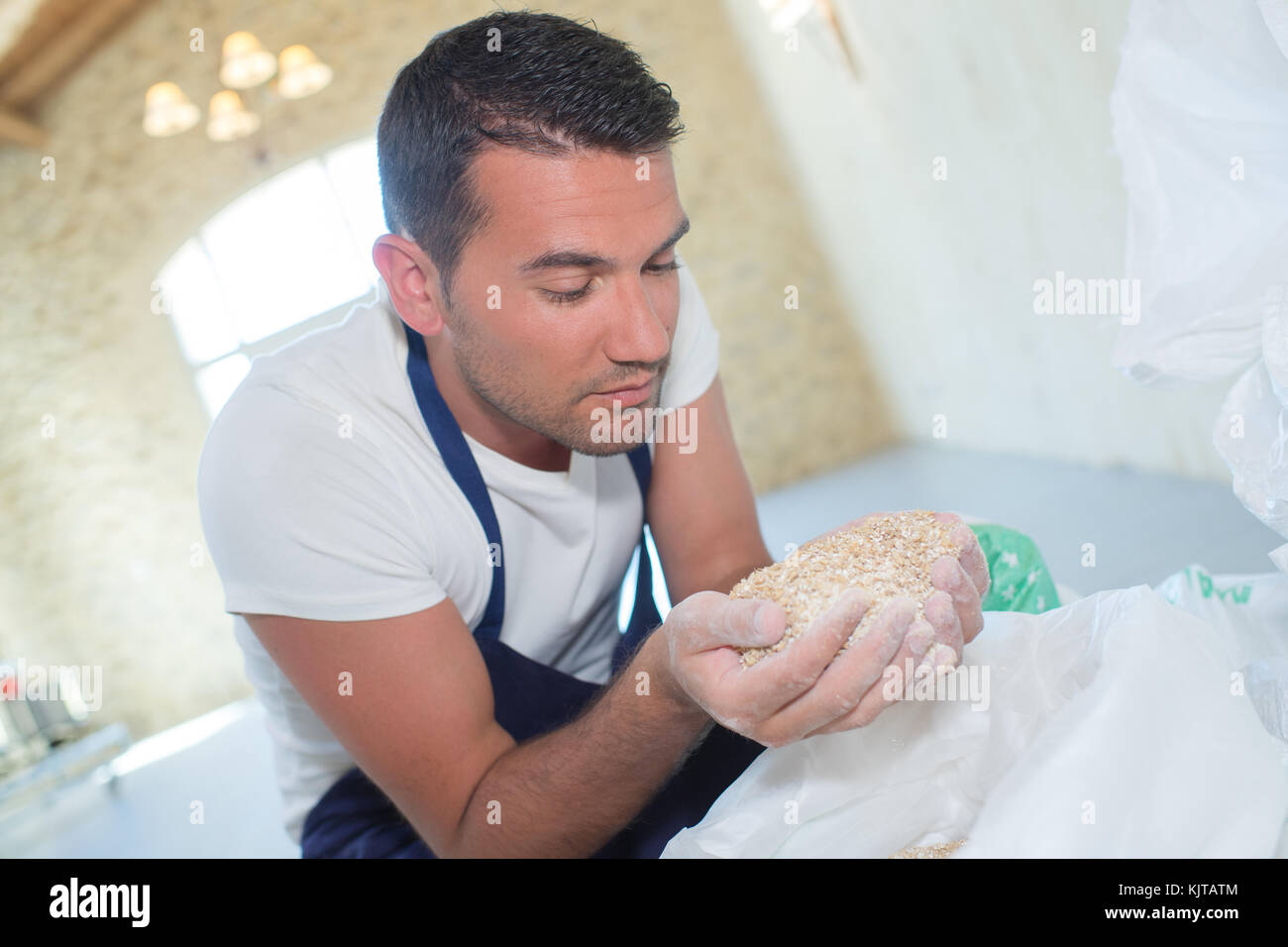 worker holding beer malt Stock Photo - Alamy