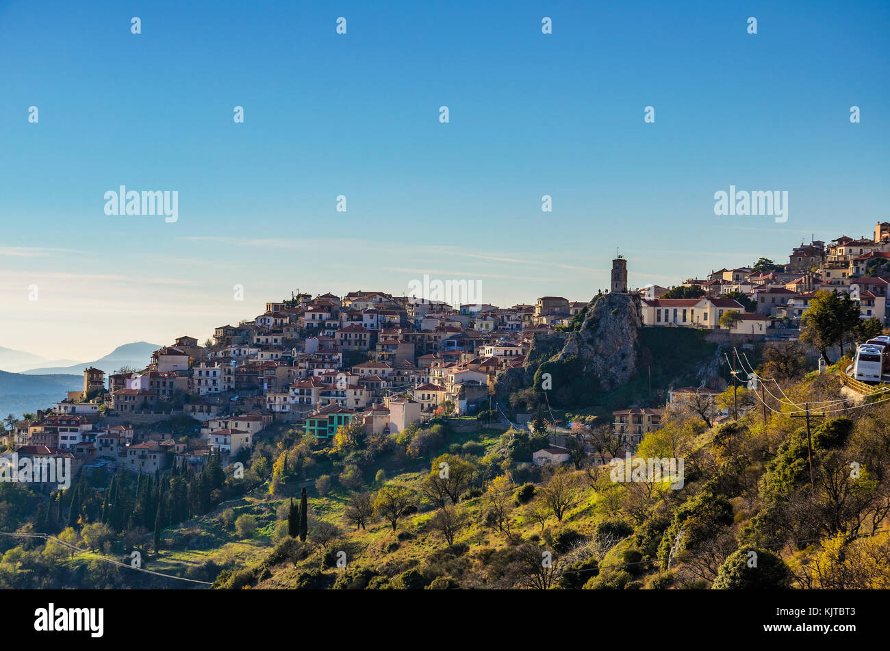 Arachova Village is famous for its panoramic view, uphill small houses ...