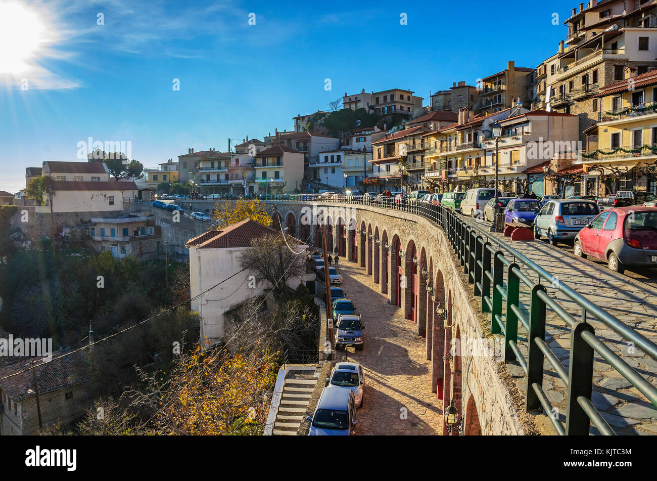 Arachova Village is famous for its panoramic view, uphill small houses ...