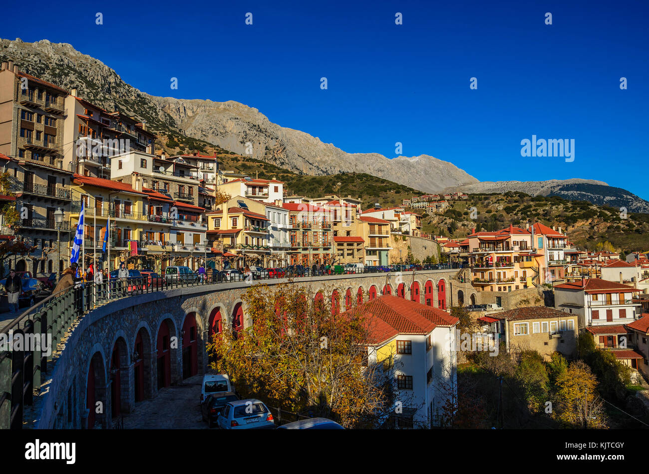 Arachova Village is famous for its panoramic view, uphill small houses ...