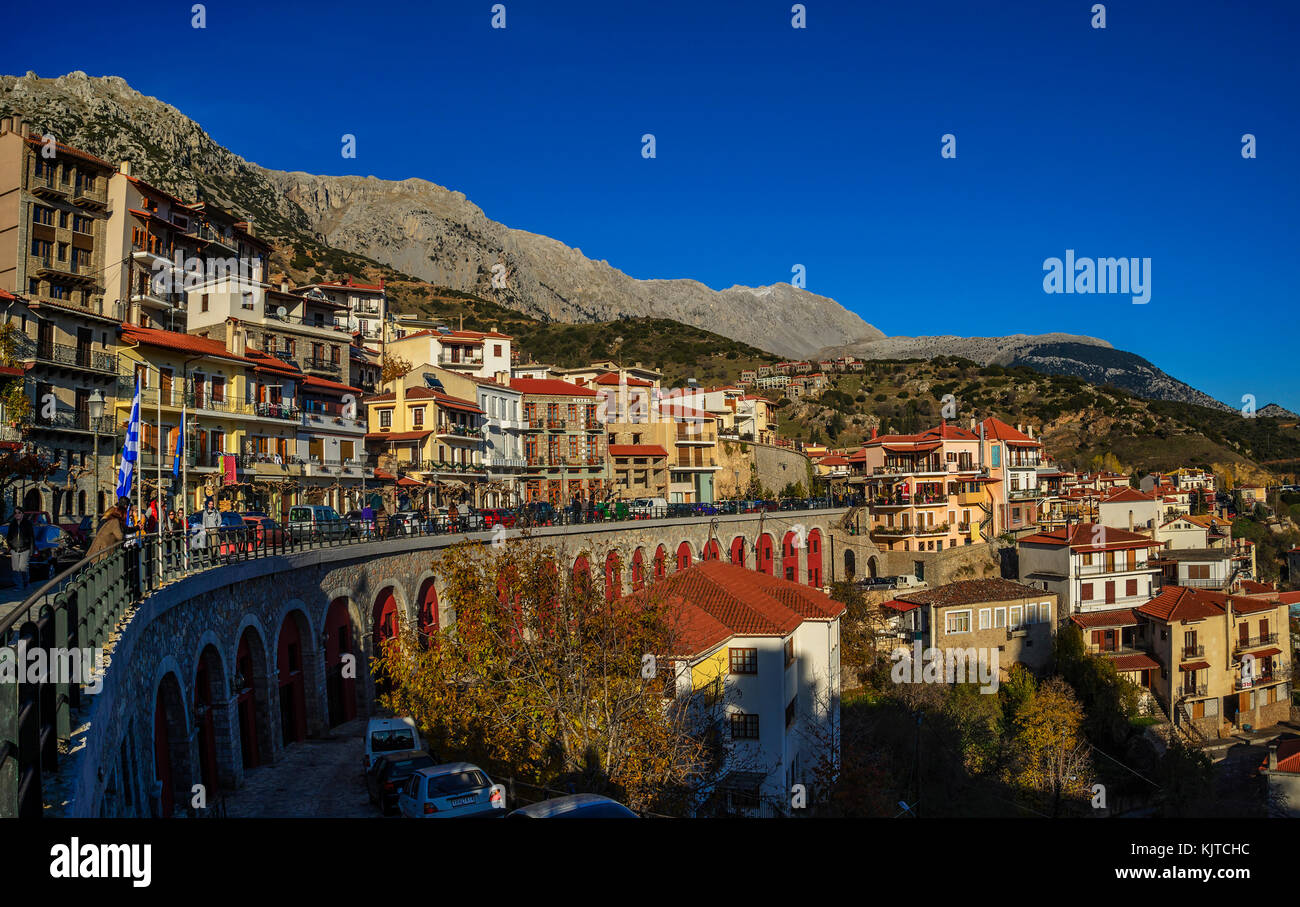 Arachova Village is famous for its panoramic view, uphill small houses ...