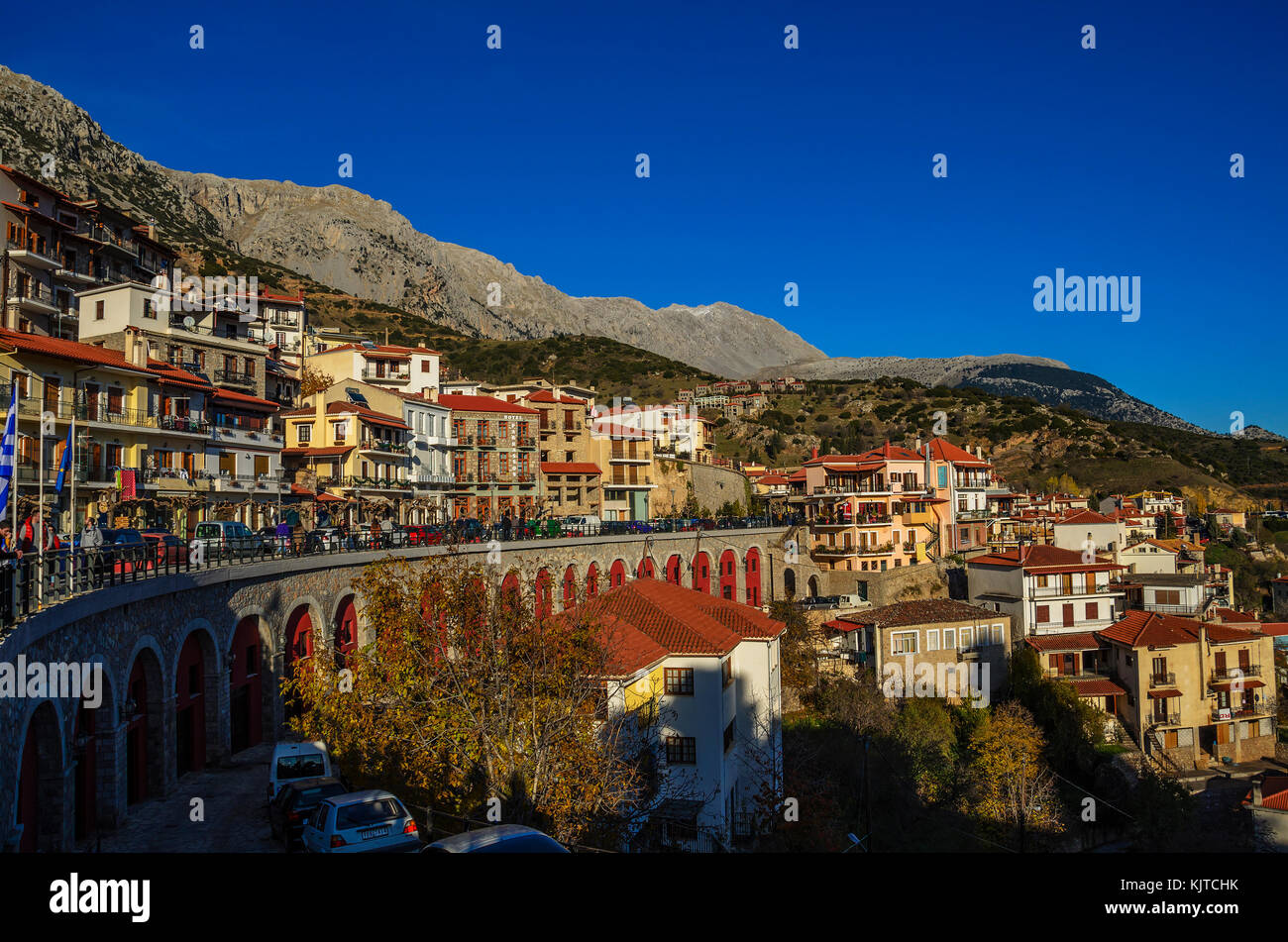 Arachova Village is famous for its panoramic view, uphill small houses ...