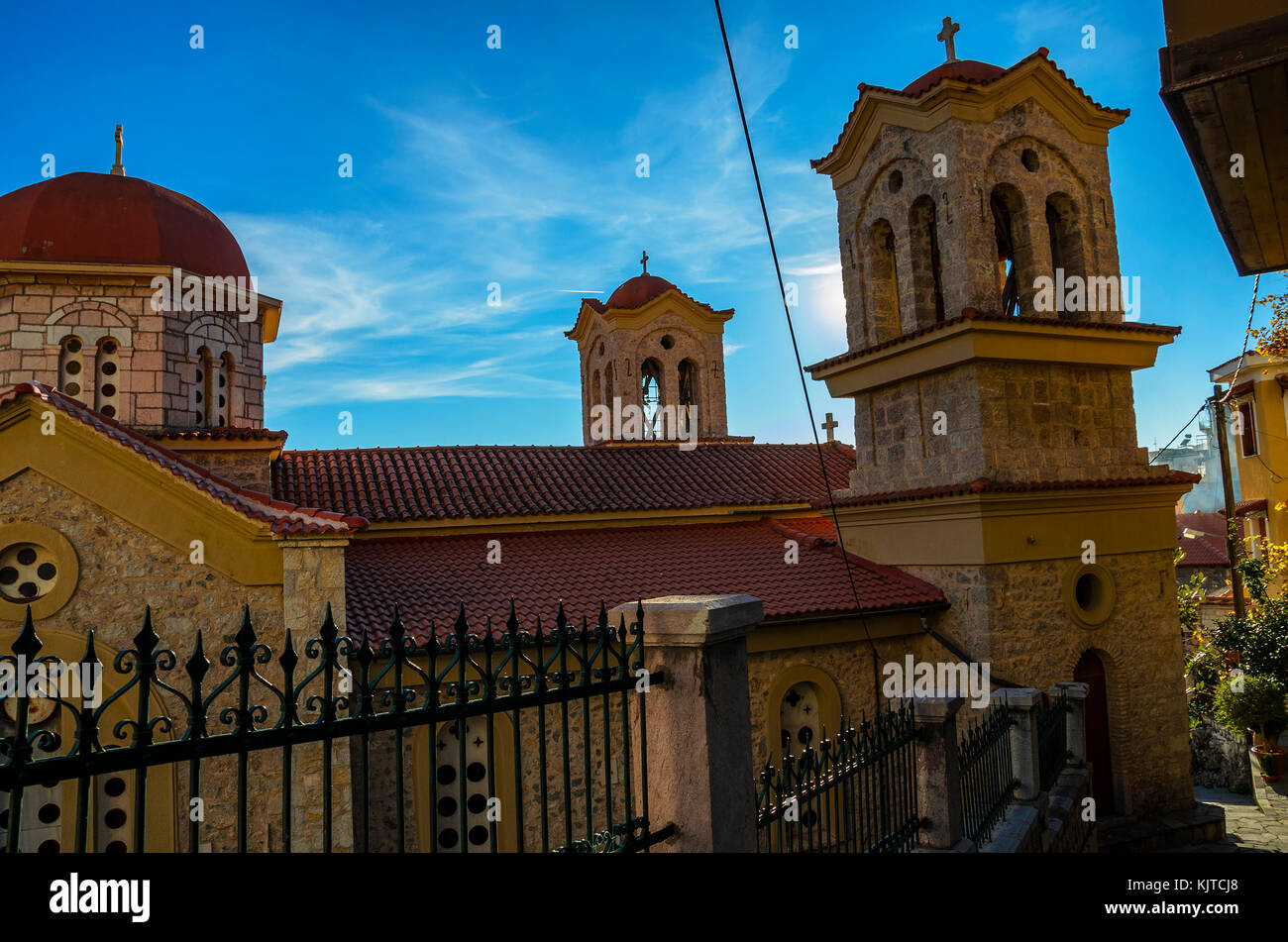 Scenic view in a typical Greek moutain village of Dimitsana, located in ...