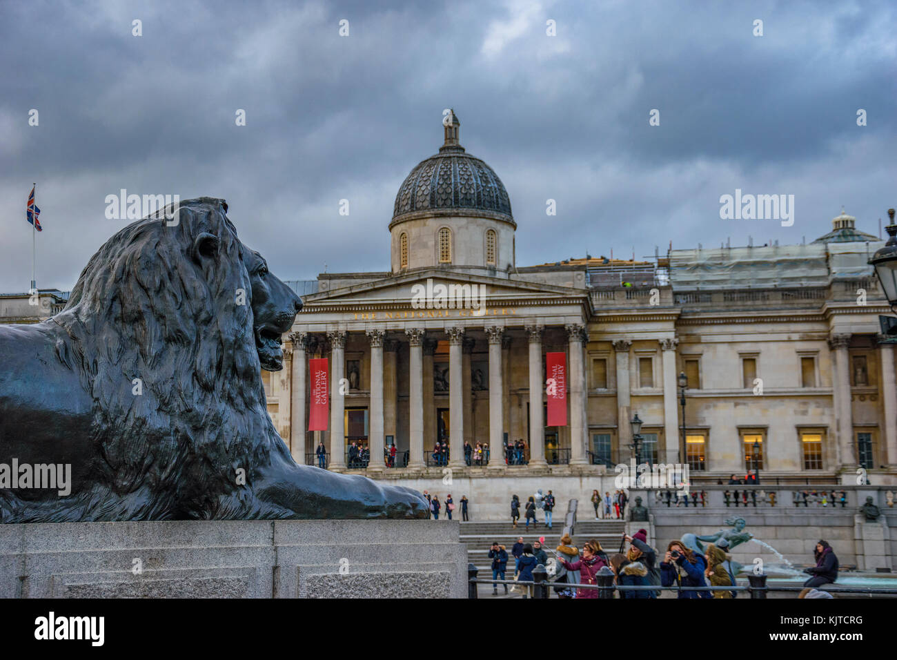 The lions at Nelson's Column, a monument in Trafalgar Square in central ...