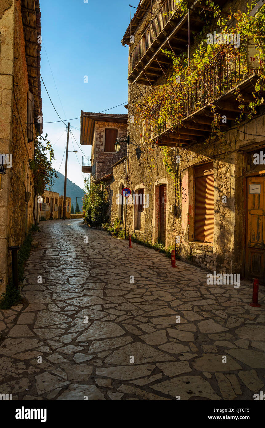 Scenic view in a typical Greek moutain village of Dimitsana, located in ...