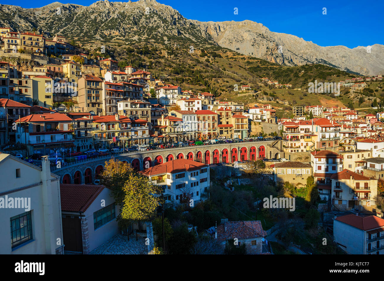 Arachova Village is famous for its panoramic view, uphill small houses ...