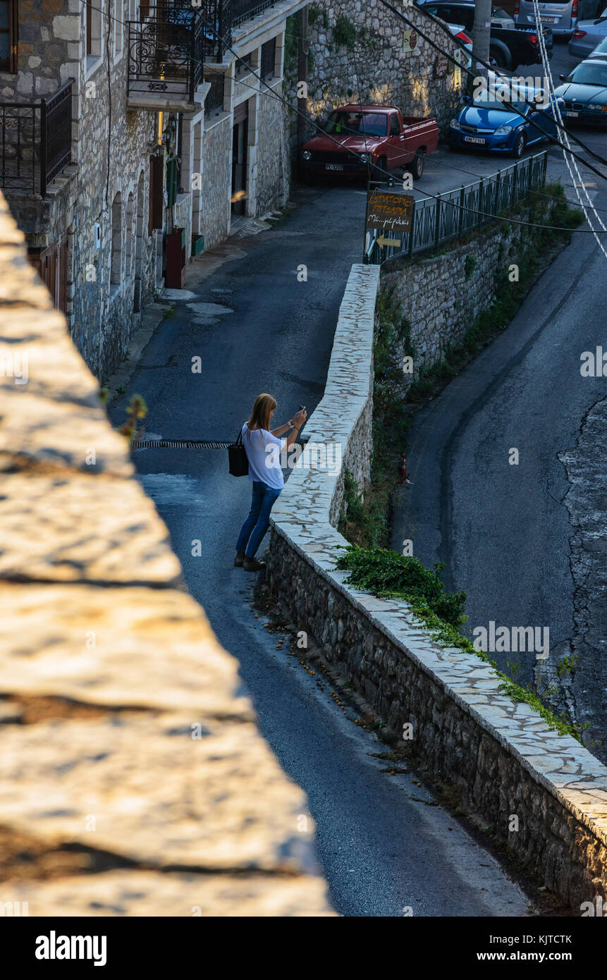 Scenic view in a typical Greek moutain village of Dimitsana, located in ...