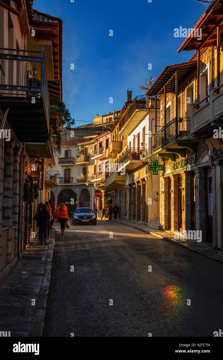 Arachova Village is famous for its panoramic view, uphill small houses ...