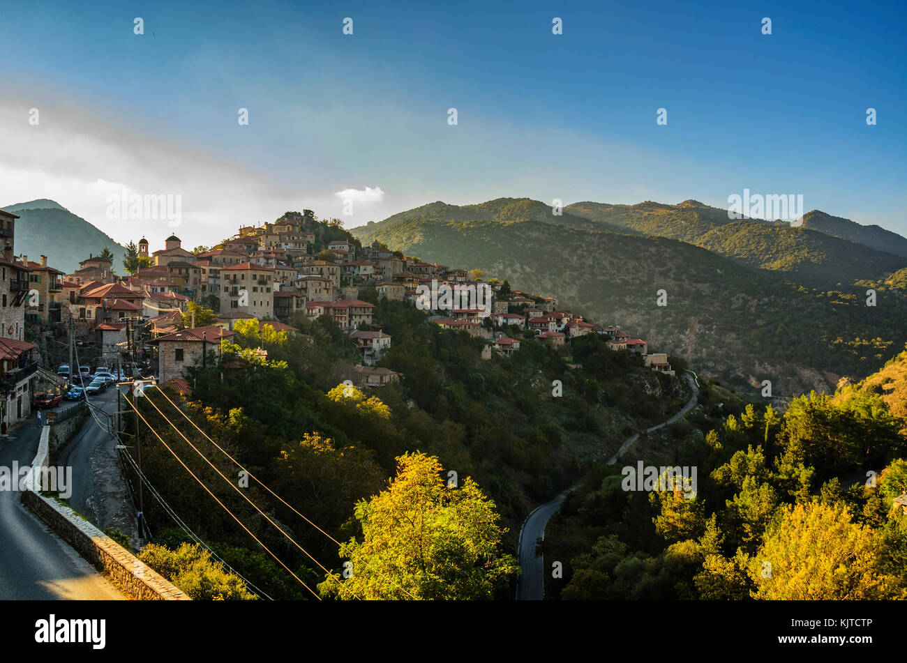 Scenic view in a typical Greek moutain village of Dimitsana, located in ...