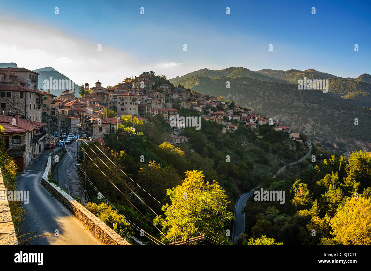 Scenic view in a typical Greek moutain village of Dimitsana, located in ...