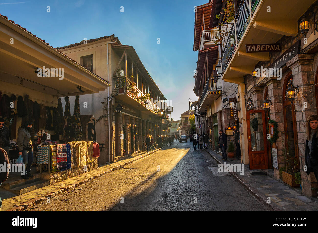 Arachova Village is famous for its panoramic view, uphill small houses ...