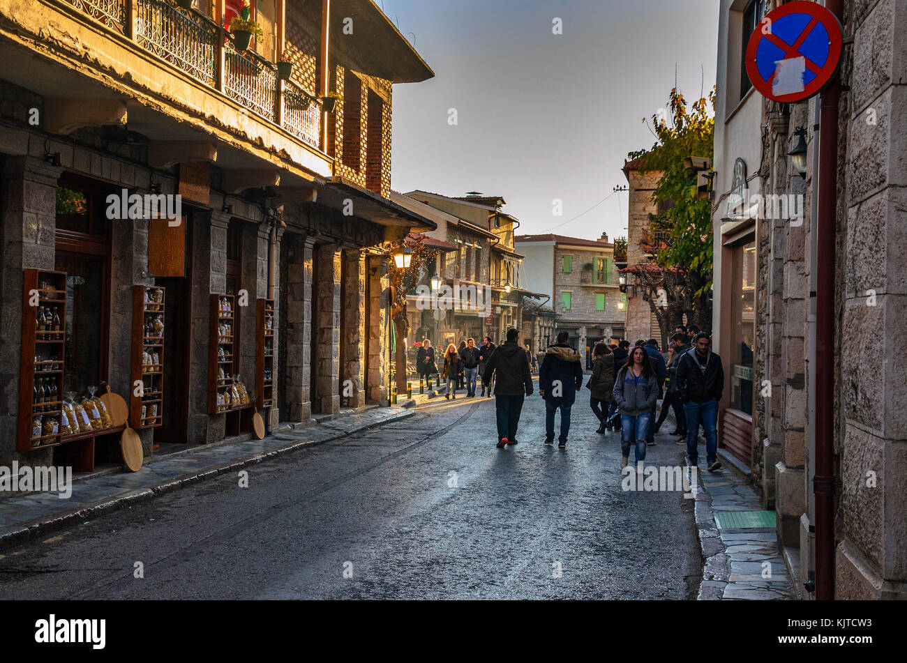 Scenic view in a typical Greek moutain village of Dimitsana, located in ...