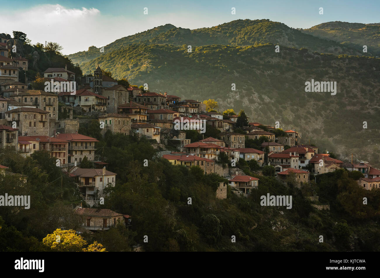 Scenic view in a typical Greek moutain village of Dimitsana, located in ...