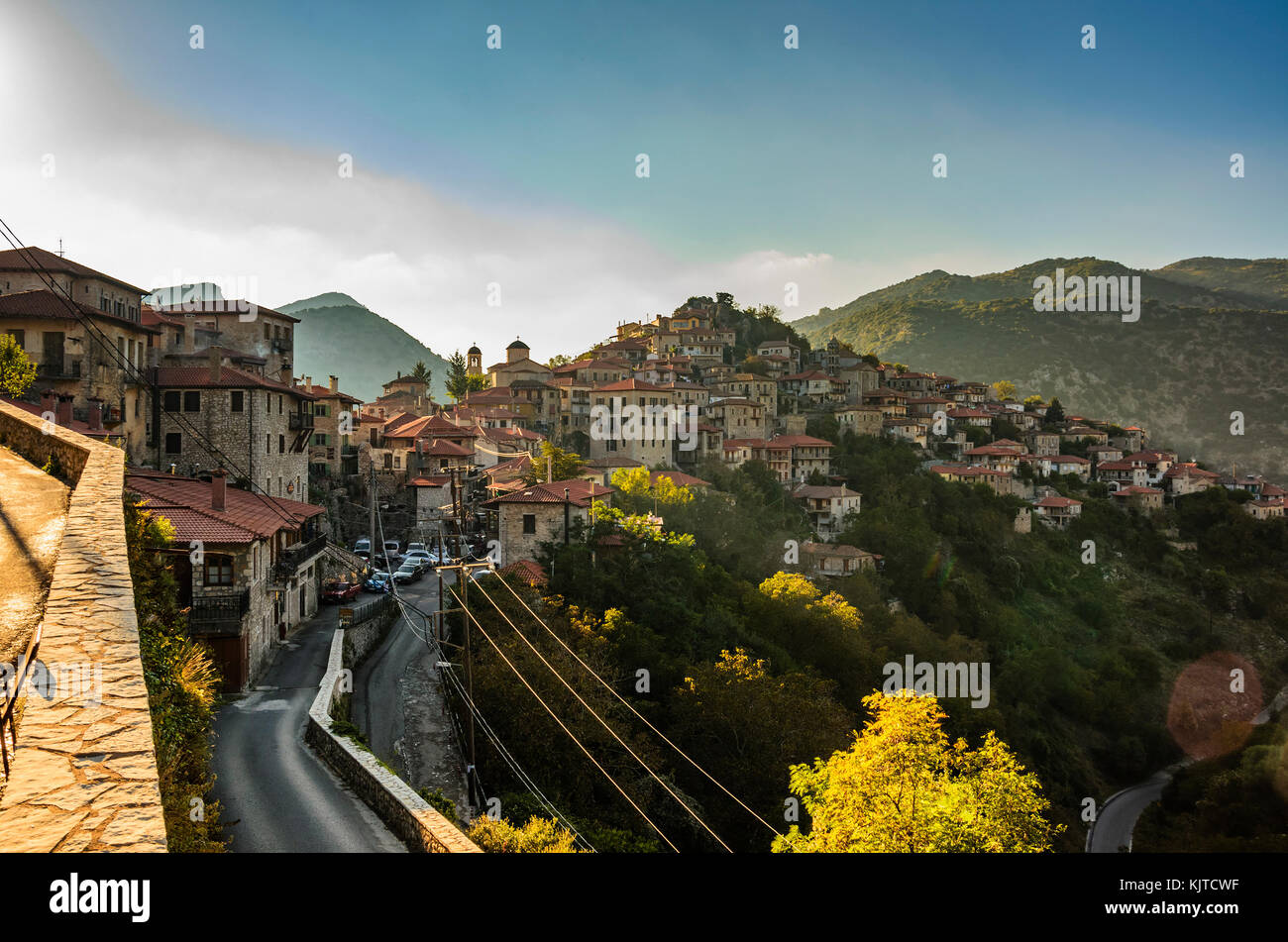 Scenic view in a typical Greek moutain village of Dimitsana, located in ...