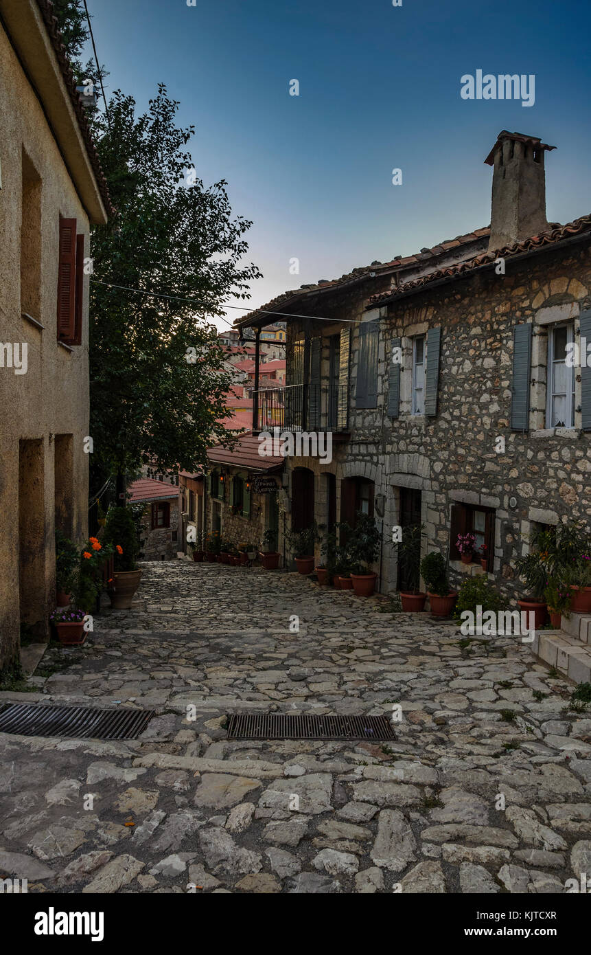 Scenic view in a typical Greek moutain village of Dimitsana, located in ...