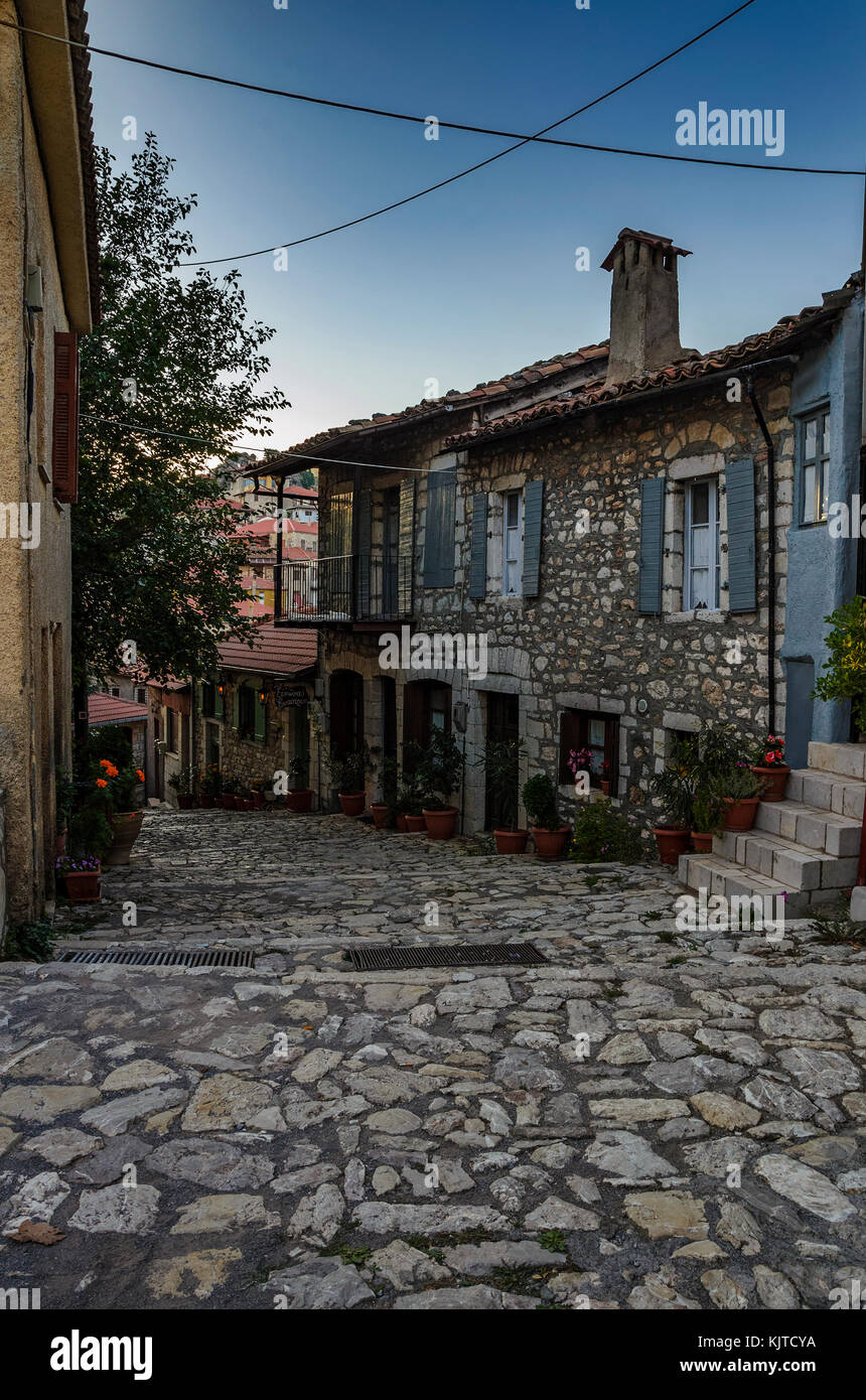 Scenic view in a typical Greek moutain village of Dimitsana, located in ...