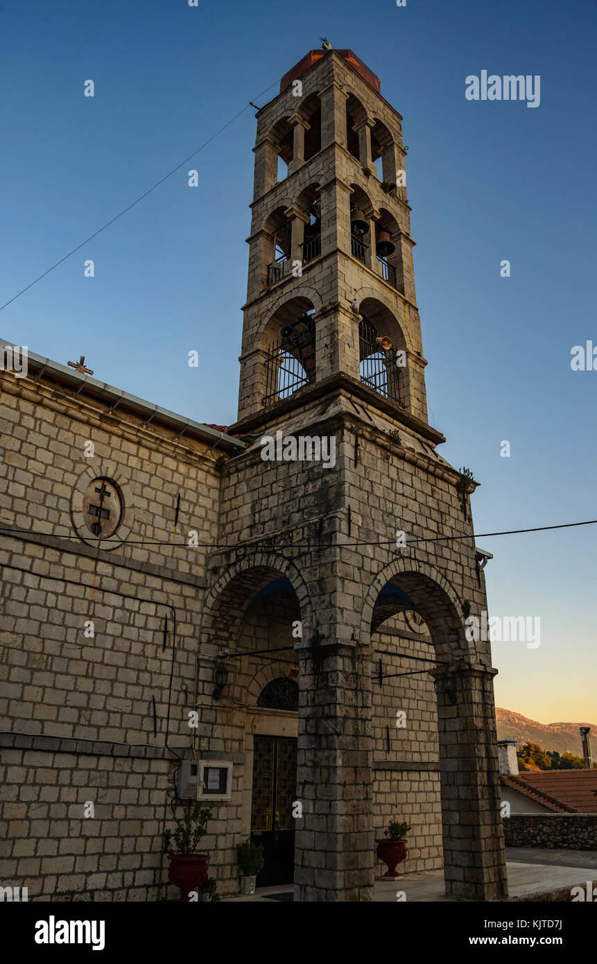 Scenic view in a typical Greek moutain village of Dimitsana, located in ...