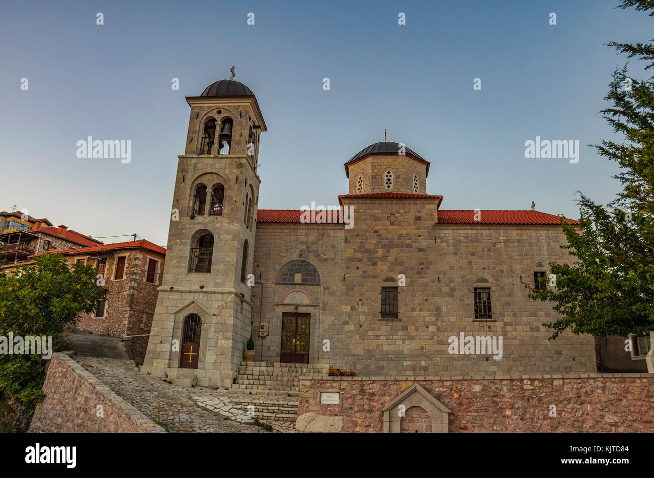 Scenic view in a typical Greek moutain village of Dimitsana, located in ...