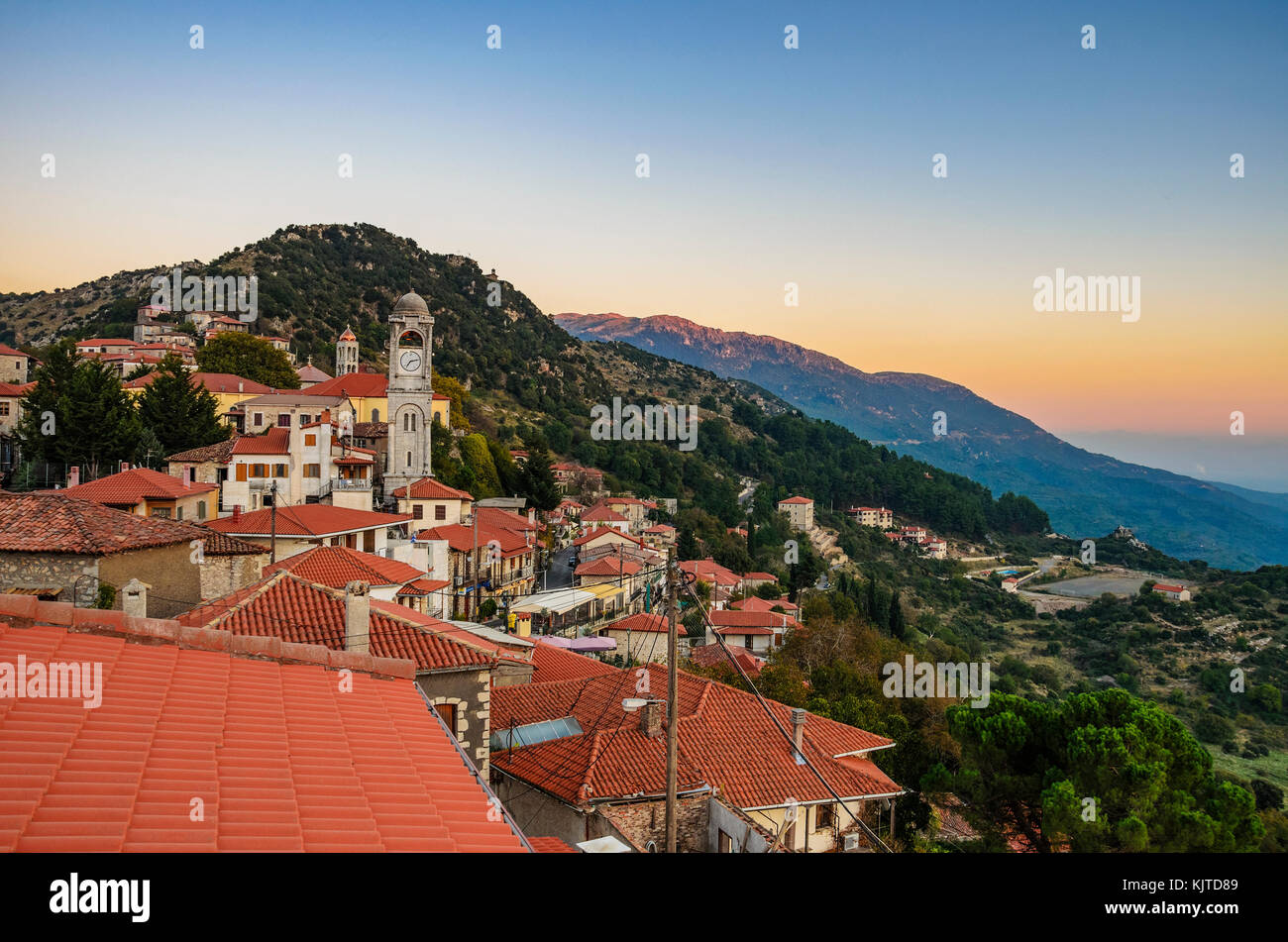 Scenic view in a typical Greek moutain village of Dimitsana, located in ...