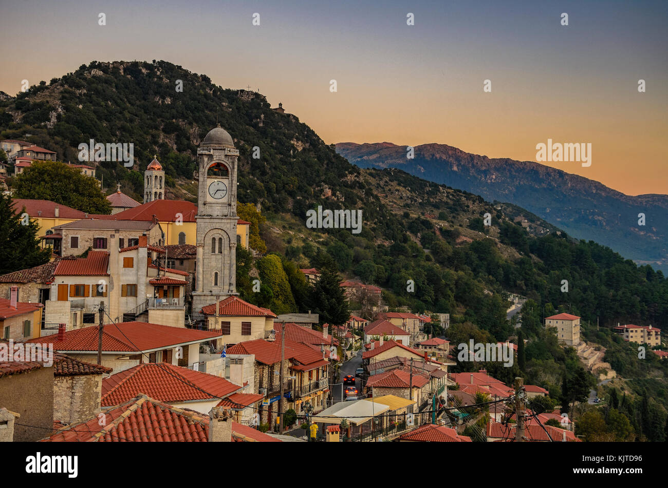 Scenic view in a typical Greek moutain village of Dimitsana, located in ...