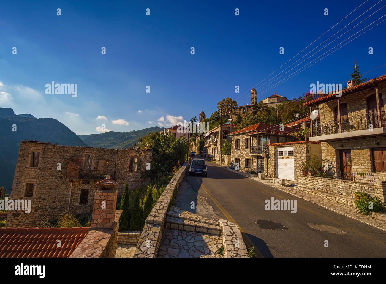Scenic view in a typical Greek moutain village of Dimitsana, located in ...