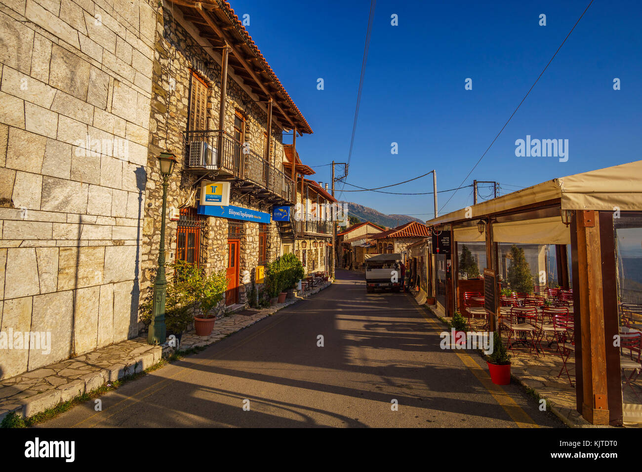 Scenic view in a typical Greek moutain village of Dimitsana, located in ...