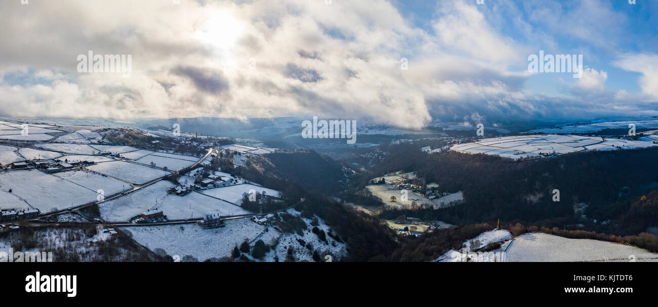 Drone shot of the snow covered moors between Hebden Bridge and Haworth ...
