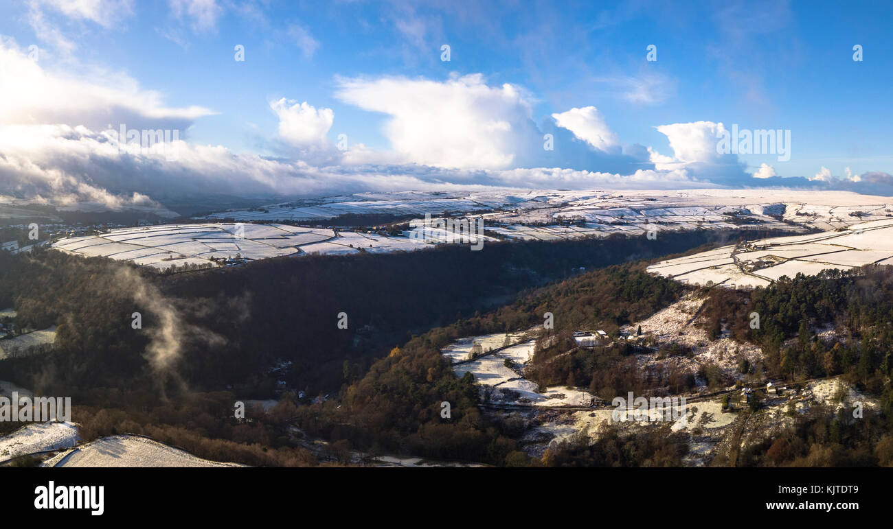 Drone shot of the snow covered moors between Hebden Bridge and Haworth ...