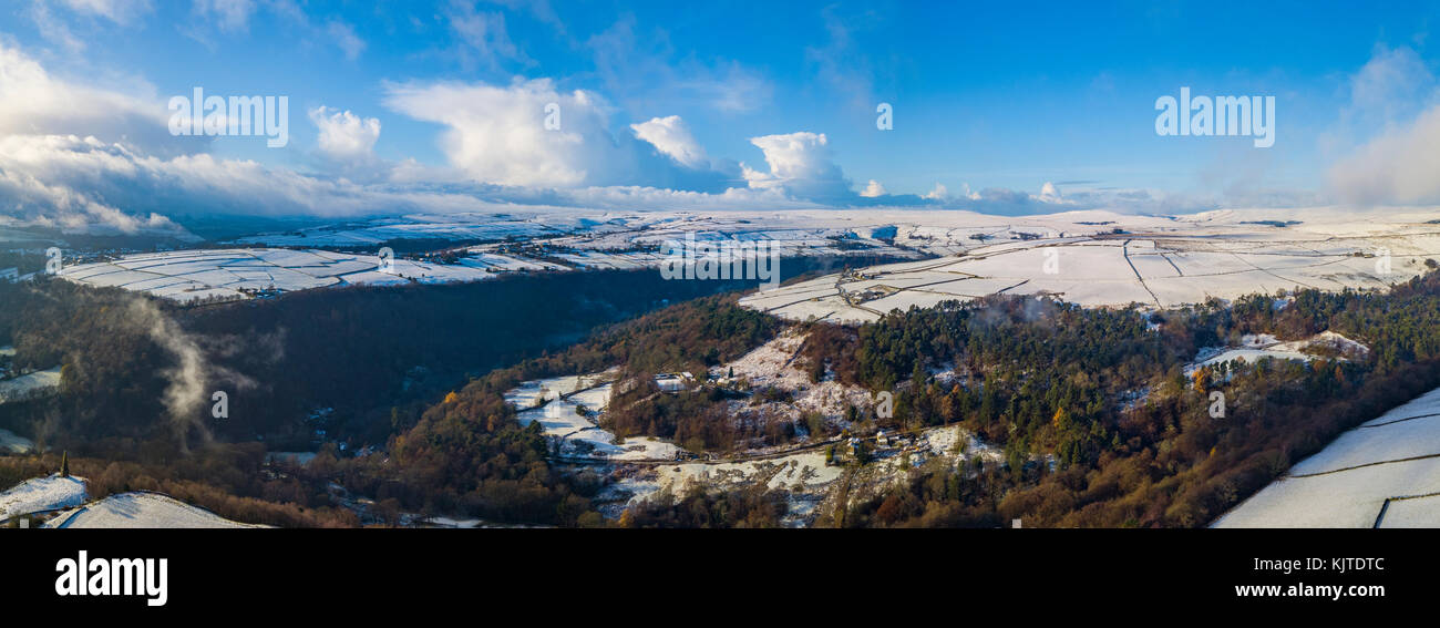 Drone shot of the snow covered moors between Hebden Bridge and Haworth ...