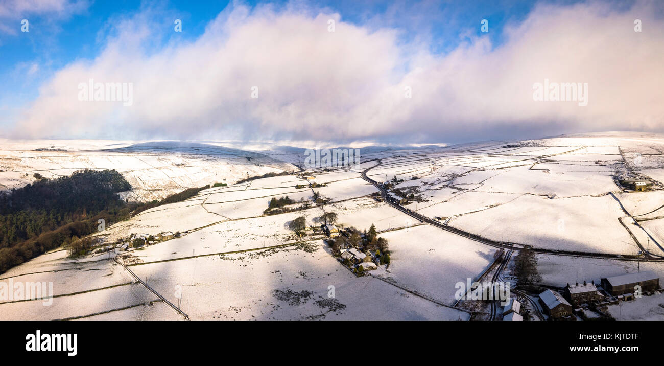 Drone shot of the snow covered moors between Hebden Bridge and Haworth ...