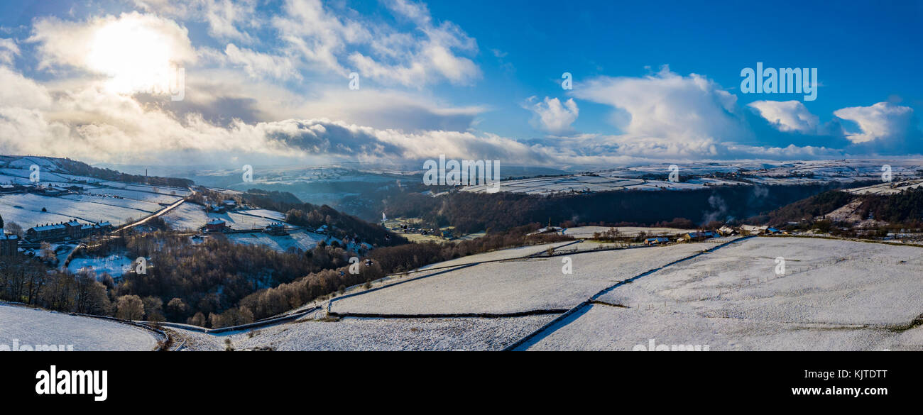 Drone shot of the snow covered moors between Hebden Bridge and Haworth ...