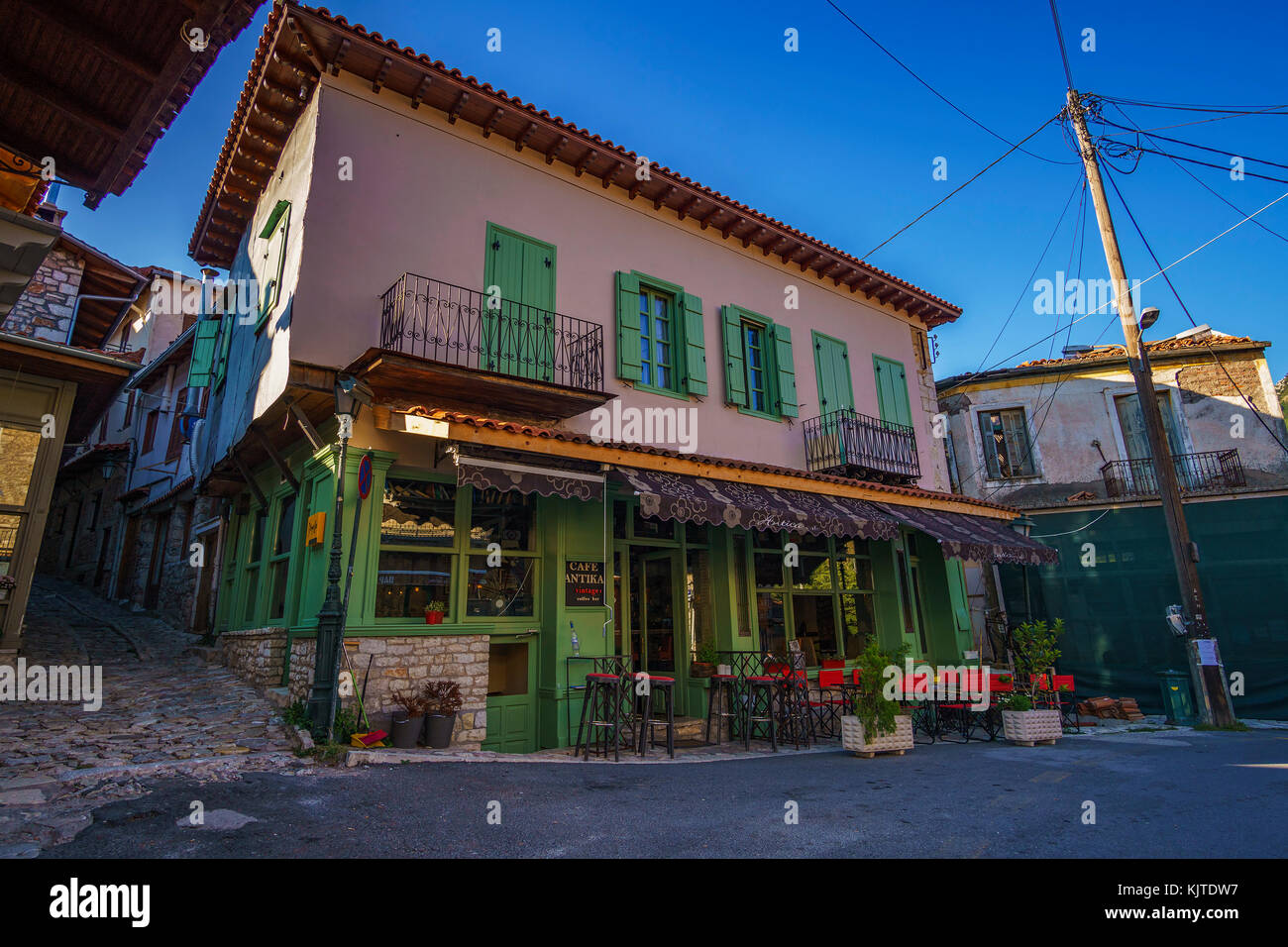 Scenic view in a typical Greek moutain village of Dimitsana, located in ...