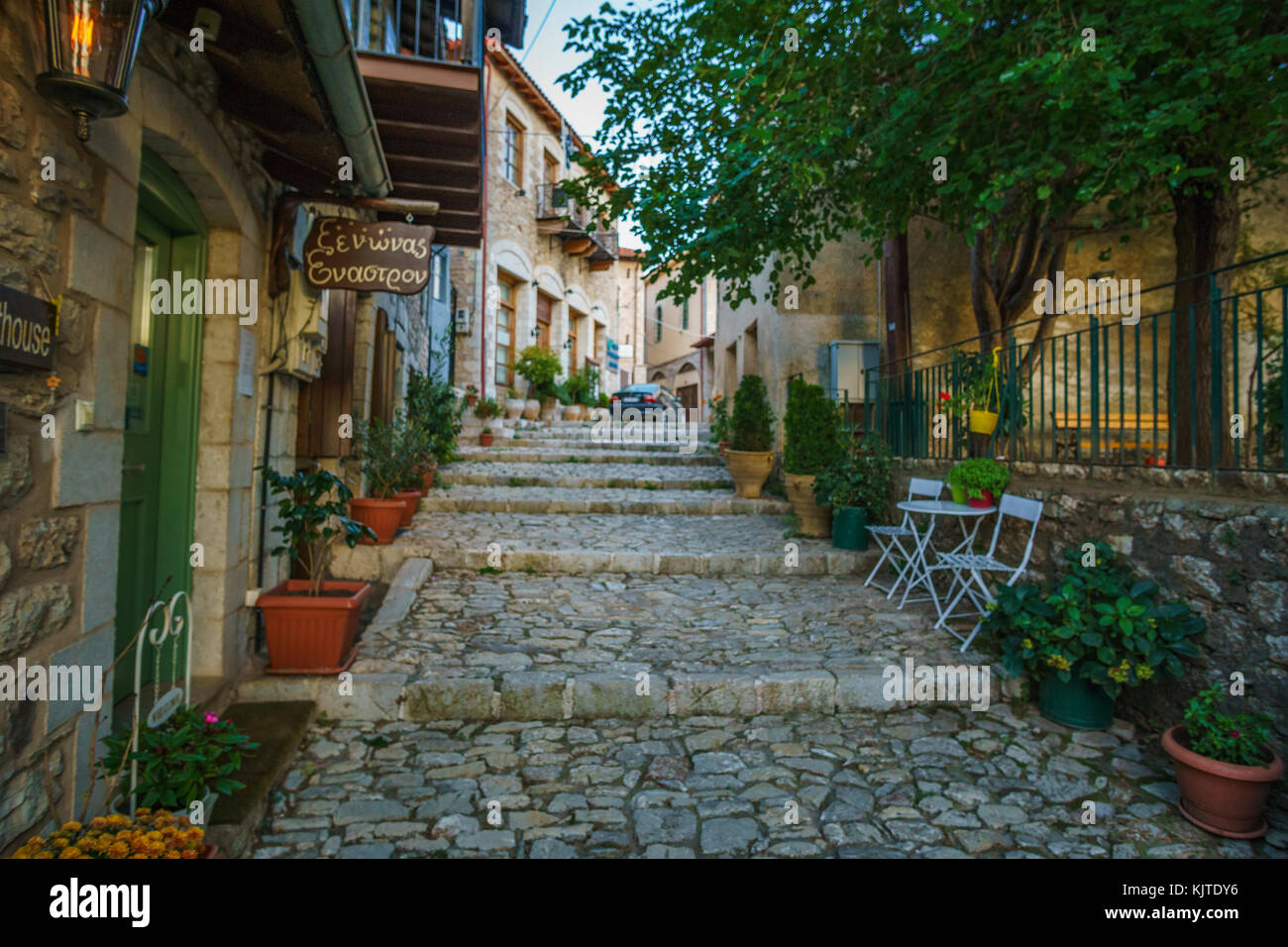 Scenic view in a typical Greek moutain village of Dimitsana, located in ...