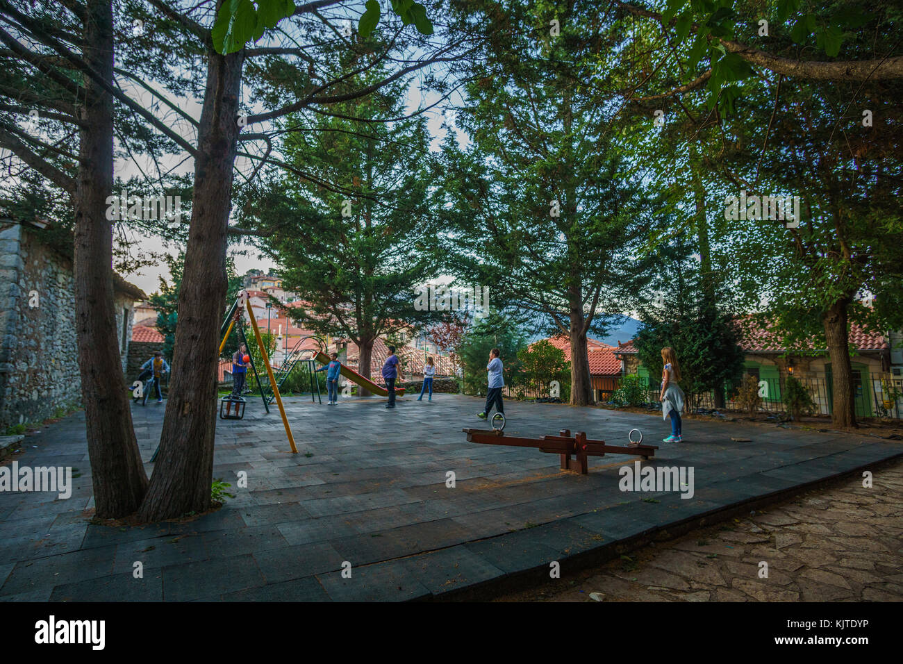 Scenic view in a typical Greek moutain village of Dimitsana, located in ...