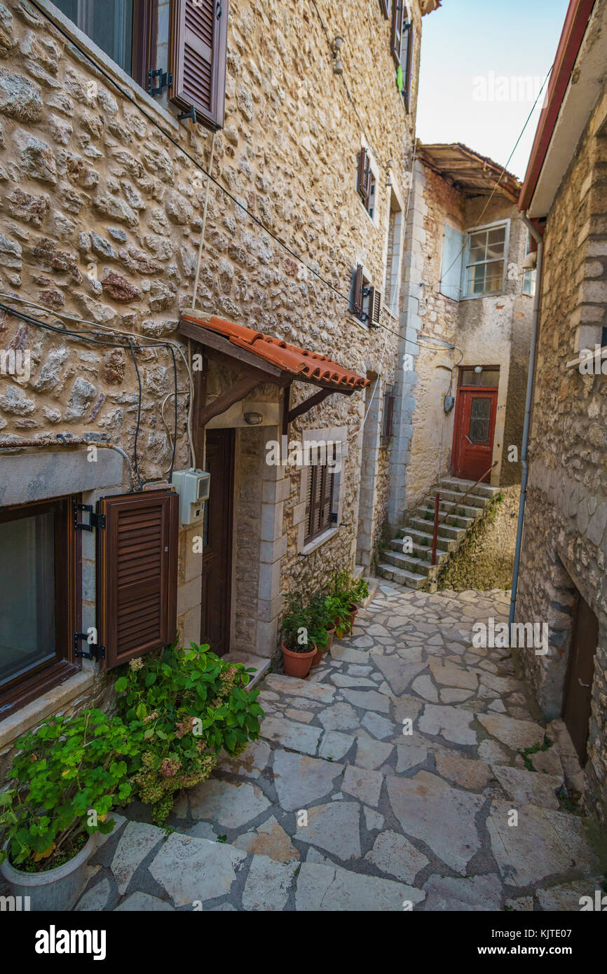 Scenic view in a typical Greek moutain village of Dimitsana, located in ...