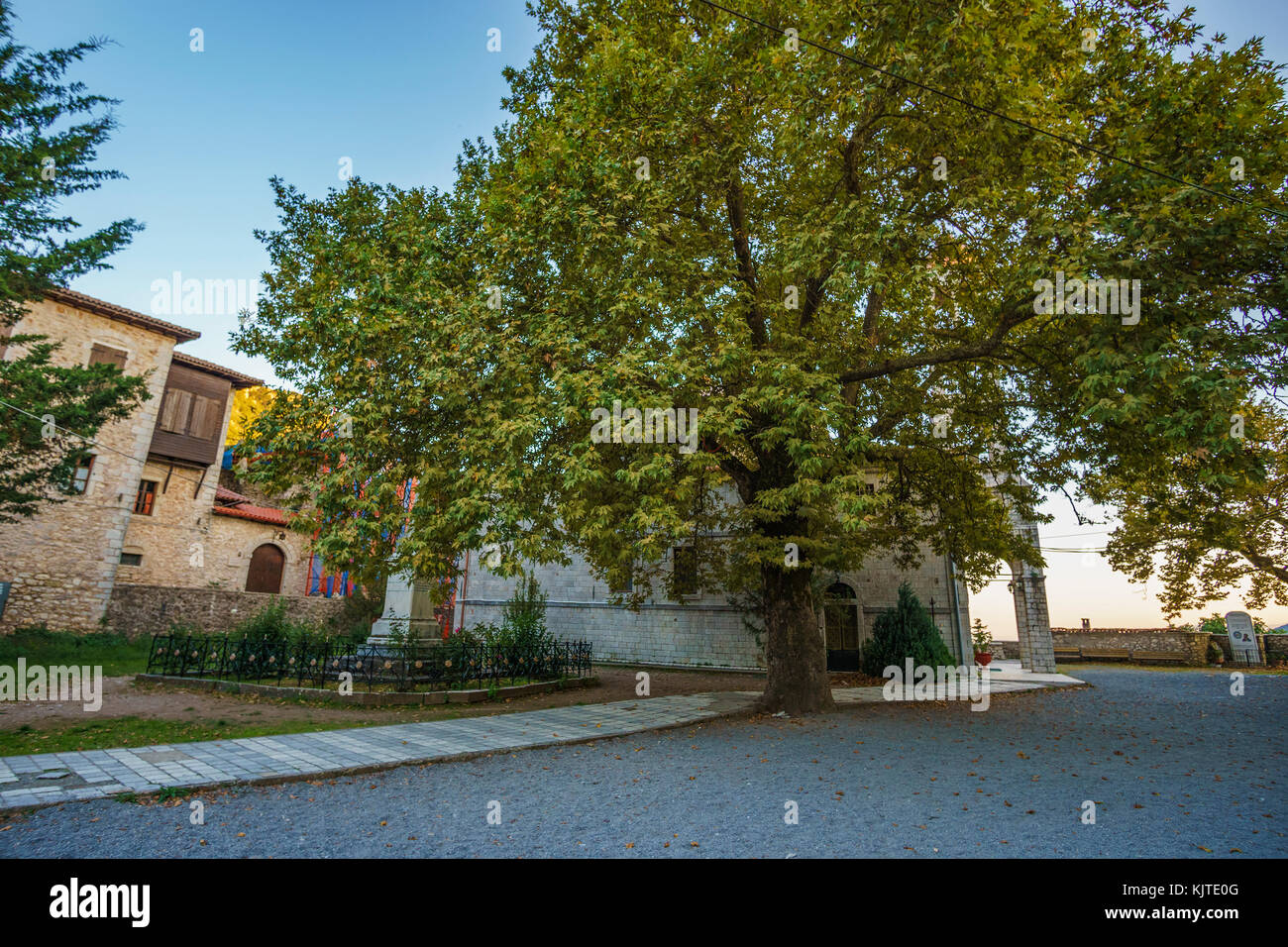 Scenic view in a typical Greek moutain village of Dimitsana, located in ...