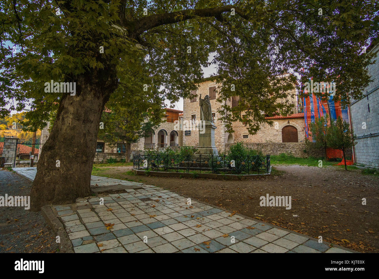 Scenic view in a typical Greek moutain village of Dimitsana, located in ...
