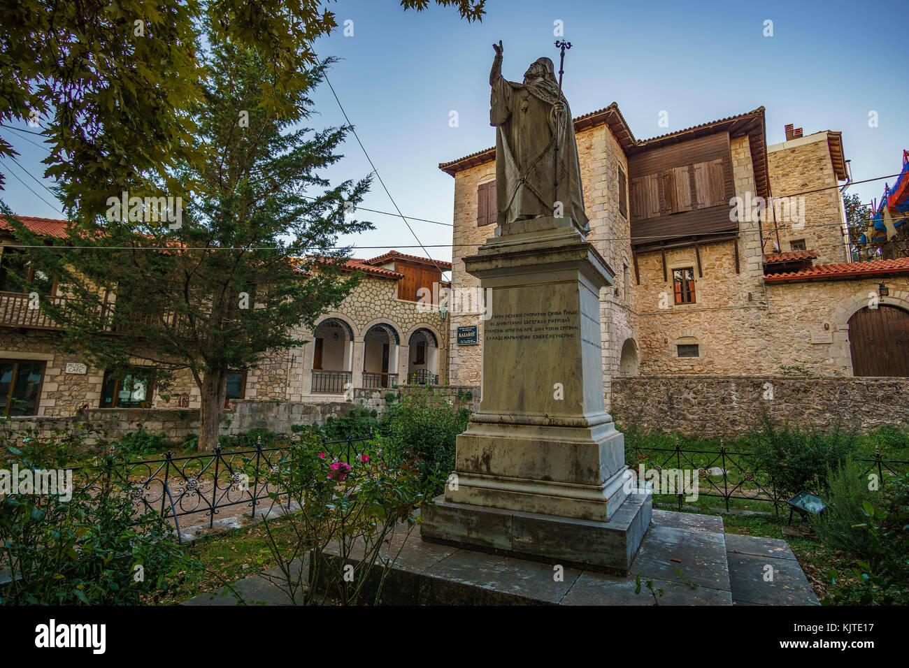 Scenic view in a typical Greek moutain village of Dimitsana, located in ...
