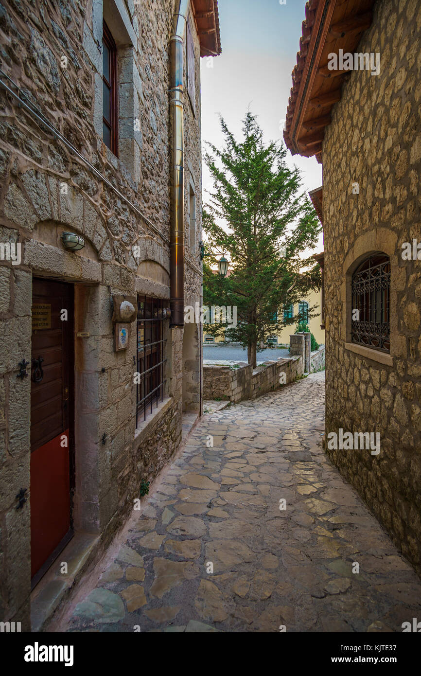 Scenic view in a typical Greek moutain village of Dimitsana, located in ...