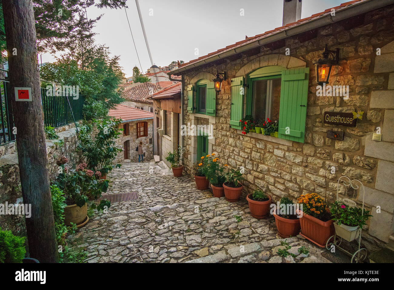 Scenic view in a typical Greek moutain village of Dimitsana, located in ...