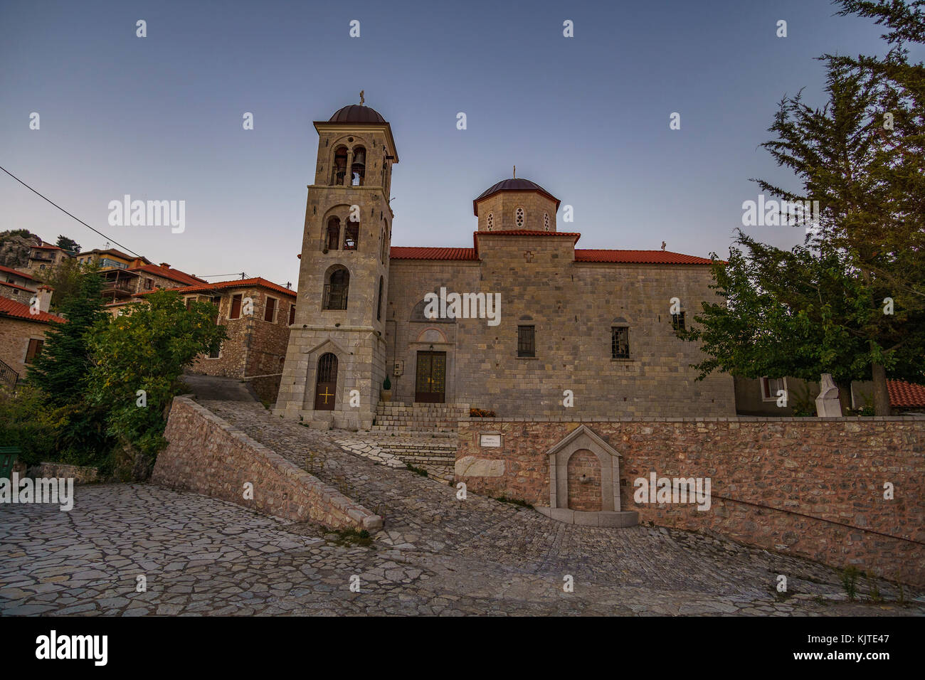 Scenic view in a typical Greek moutain village of Dimitsana, located in ...